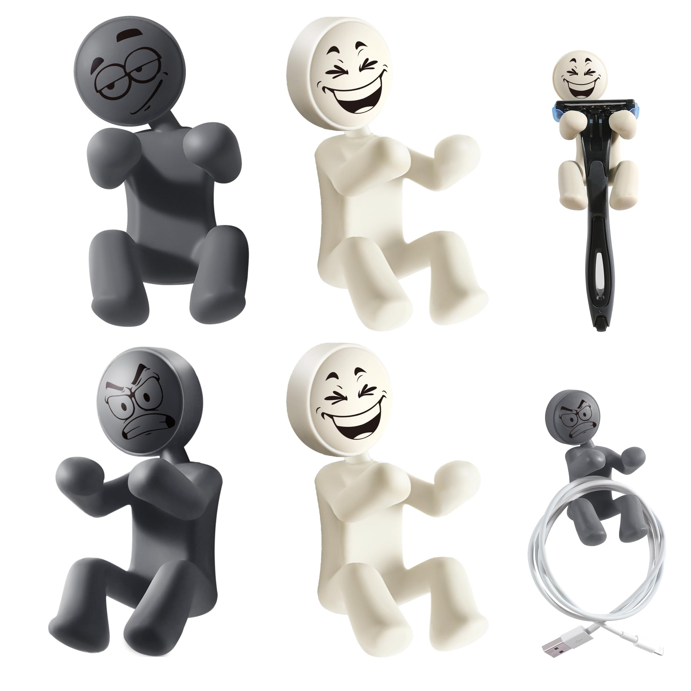 HuJiao-Zi 4 Cute Little Doll Multi-Functional Silicone Hooks with Funny Emoji, Silicone Towel Keychain Self-Adhesive Hooks for Hanging Kitchen, Bathroom and Home Office(2white2gray)