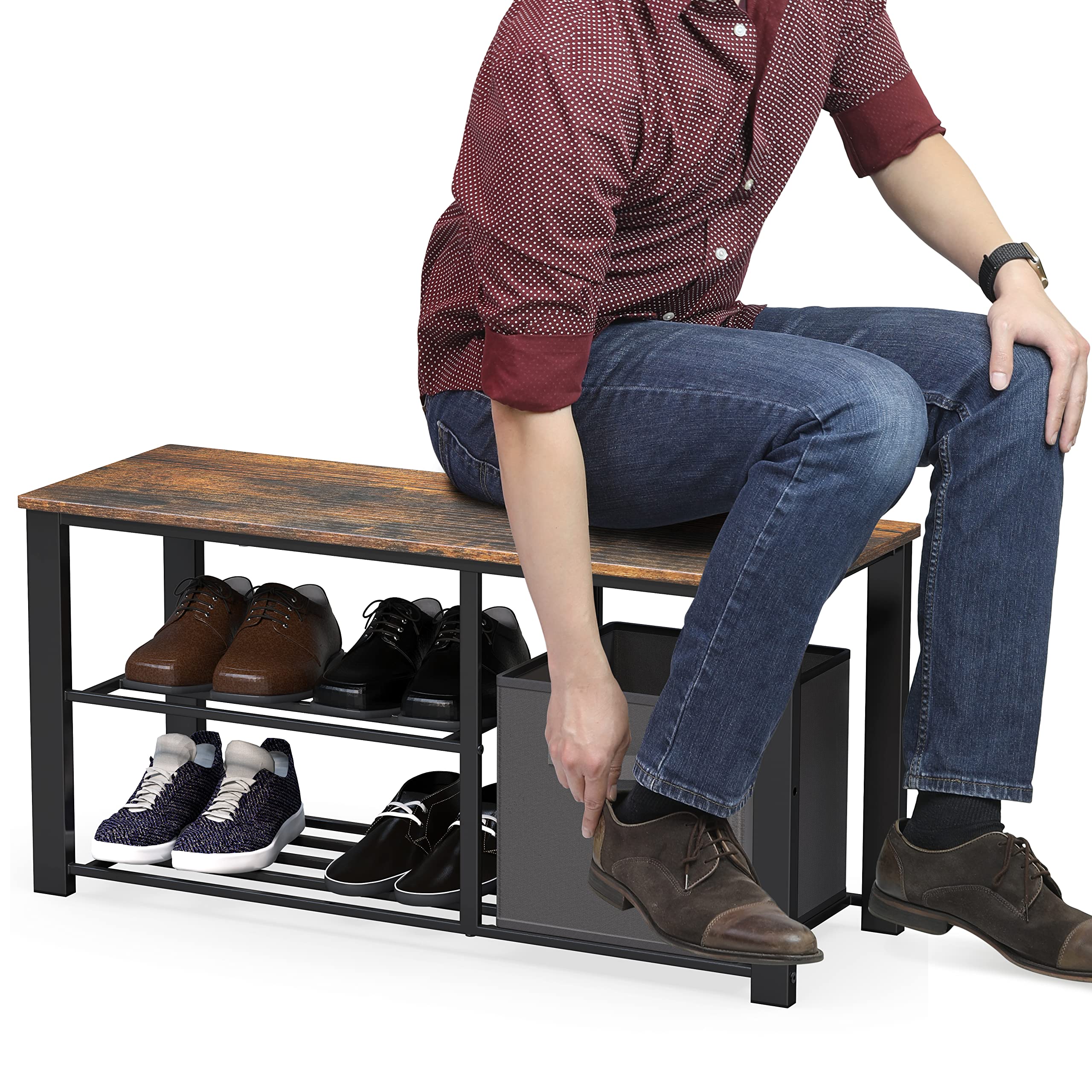 Simple Houseware 2 Tier Wood Top Shoes Bench, Rustic Brown