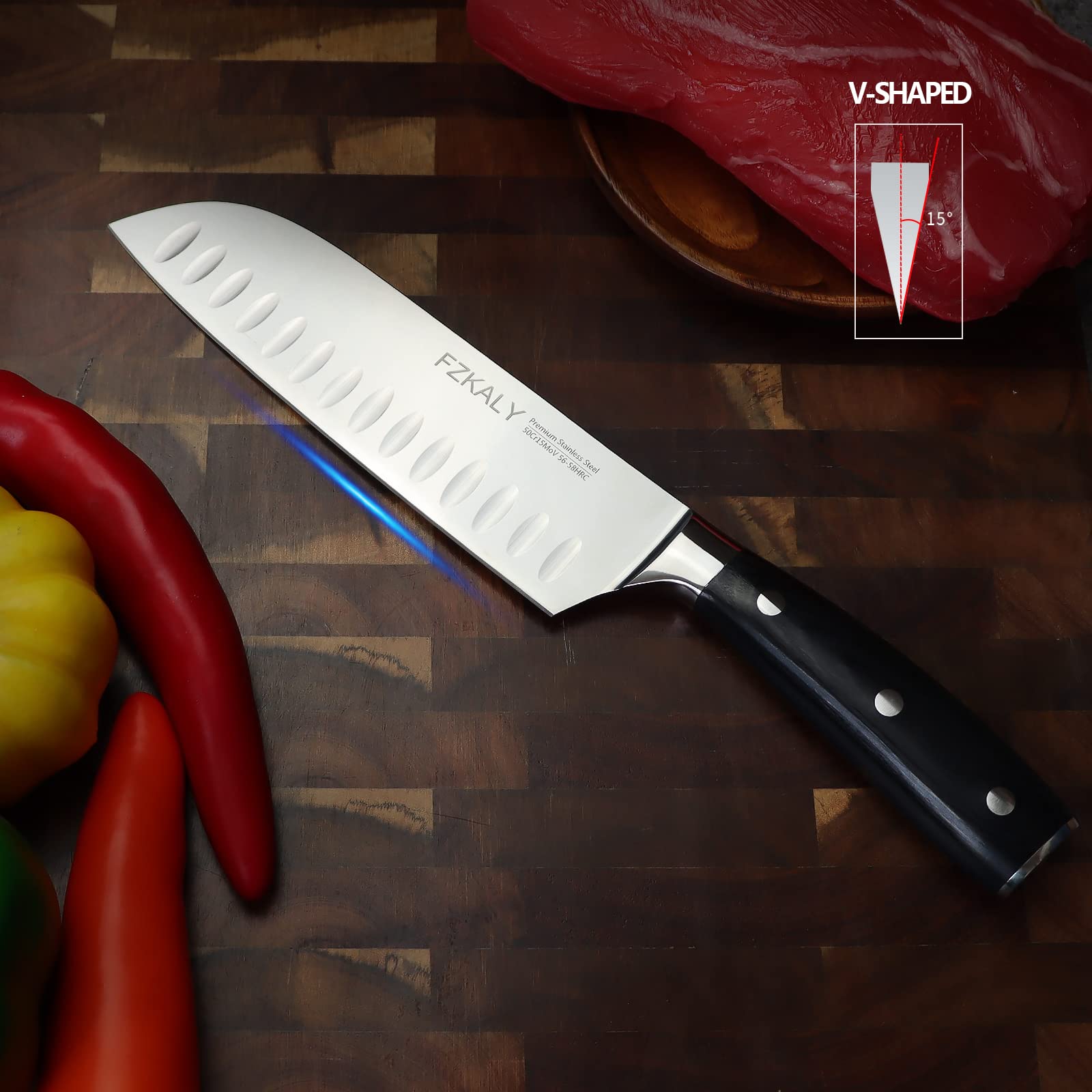 Fzkaly Santoku Knives, Sharp 7-inch Santoku knife, High Carbon Stainless Steel Japanese Chef Knife, Ergonomic Pakkawood Handle Cooking Knife for Meat Vegetable Fruit in Gift Box