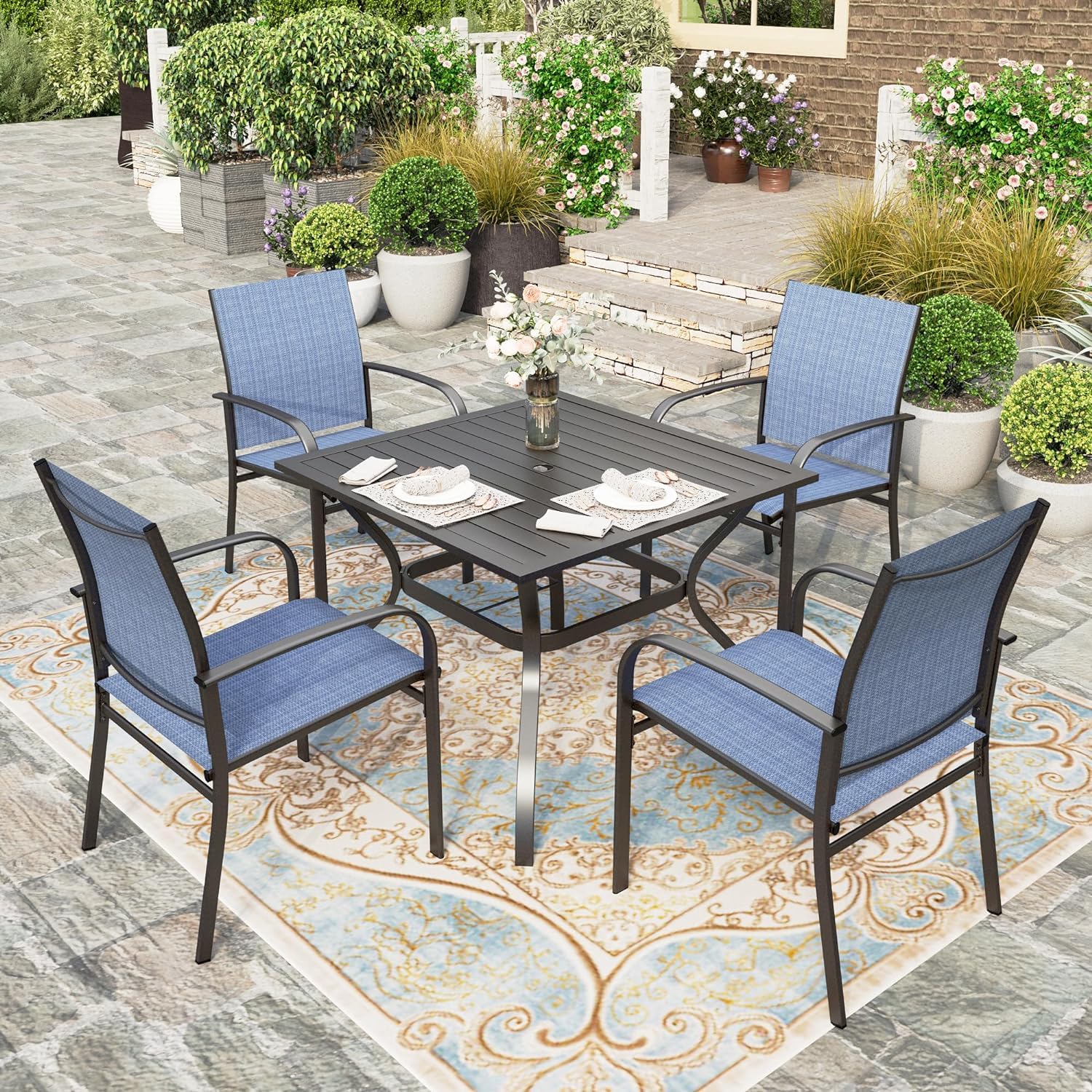 HERA'S HOUSE Outdoor Dining Chairs Set of 6, 36" Textilene Fabric Patio Chairs with Wrought Iron Metal Frame Support 350lbs for Lawn Backyard Garden Kitchen, Blue
