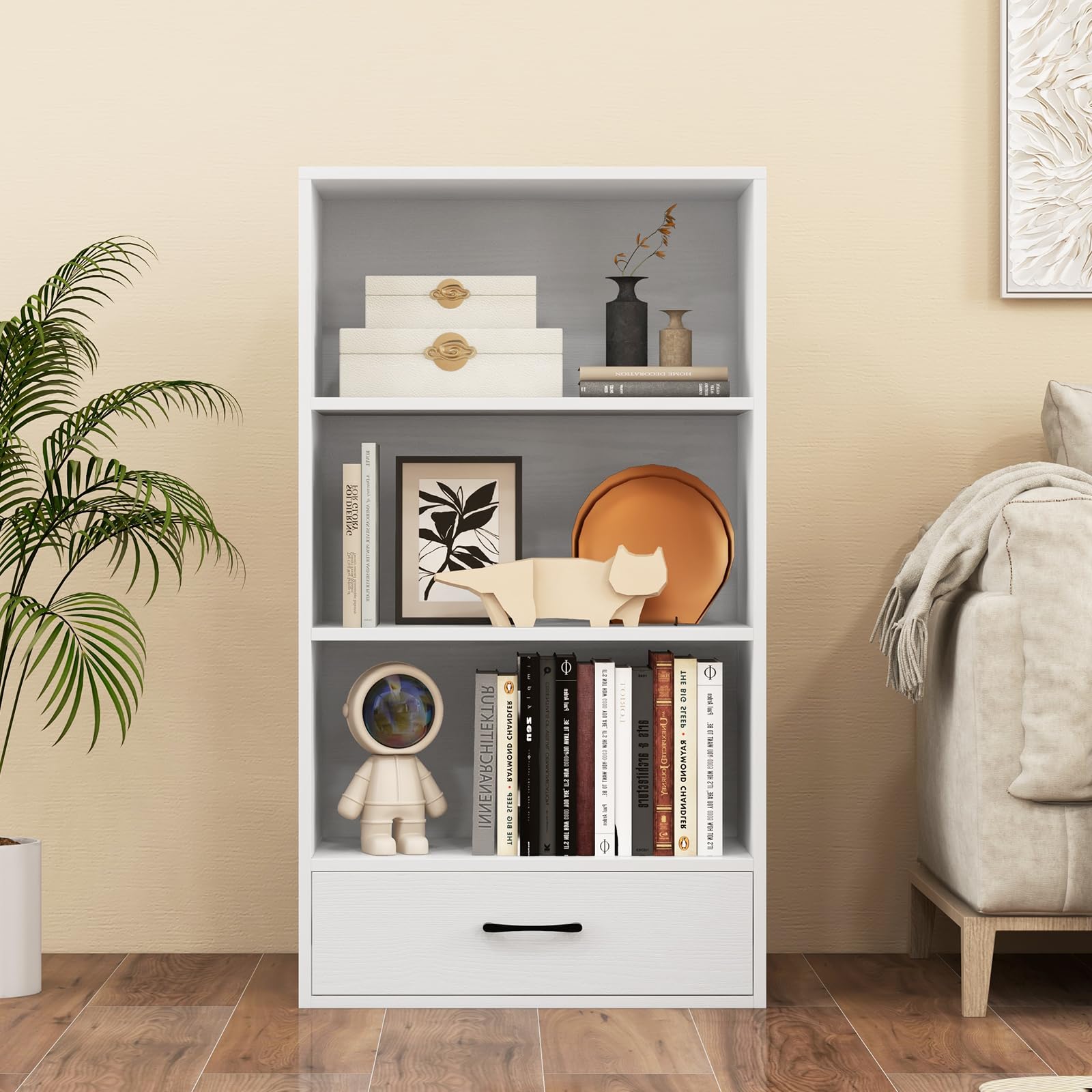 IFANNY 3 Shelf Bookcase with Drawer, Wood Bookshelves and Bookcases, Cube Bookcase Shelf, Small Bookshelf with Storage for Small Spaces, White Book Shelf for Bedroom, Living Room, Home Office