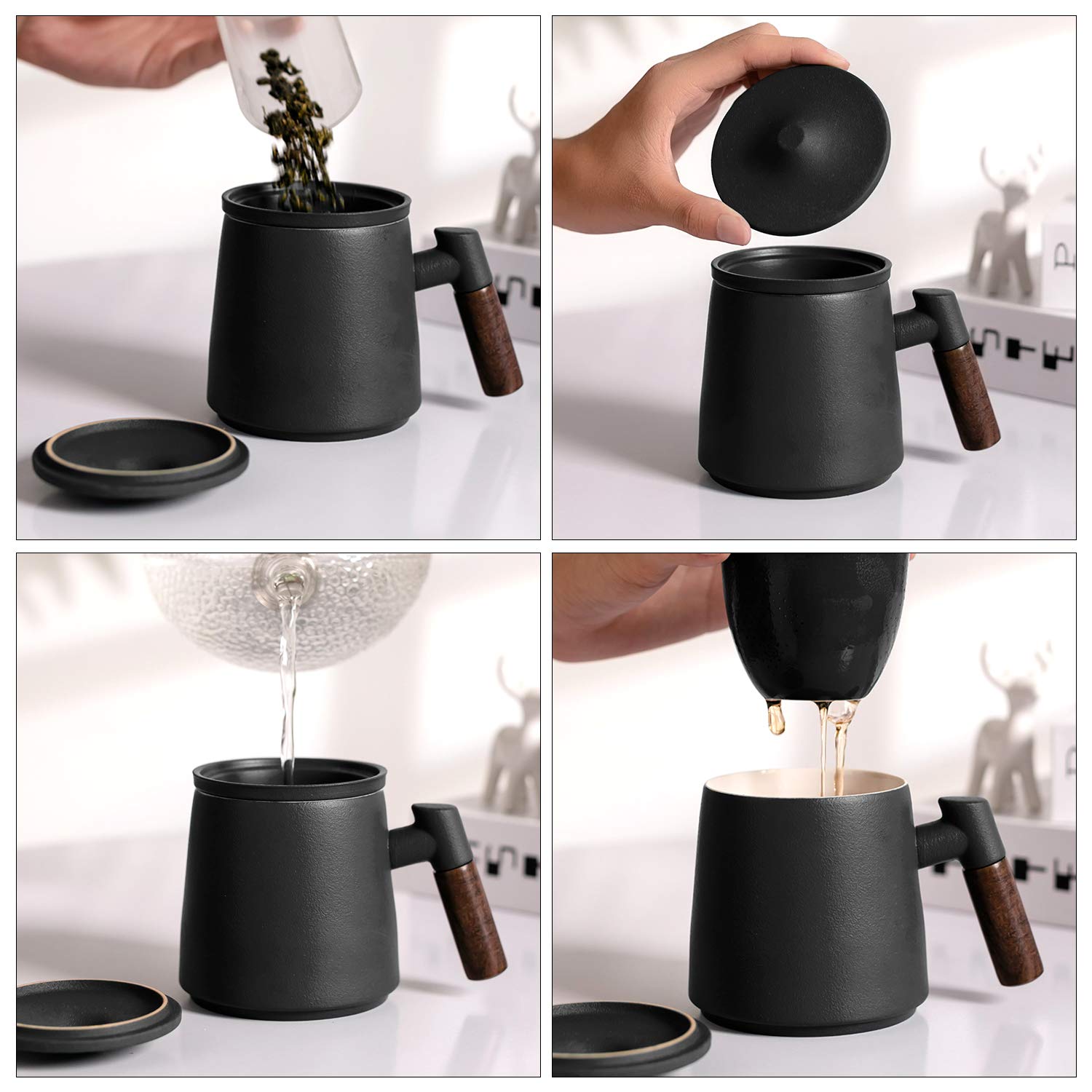 ERBAITM Sandalwood handle Tea Mug,Porcelain Tea Mug with Infuser and Lid,13.5 oz