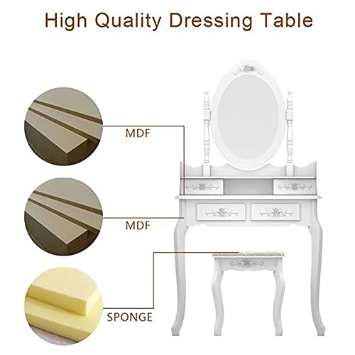 IRDFWH Dressing Table Concise 4-Drawer 360-Degree Rotation Removable Dresser White with Dressing Table Stool
