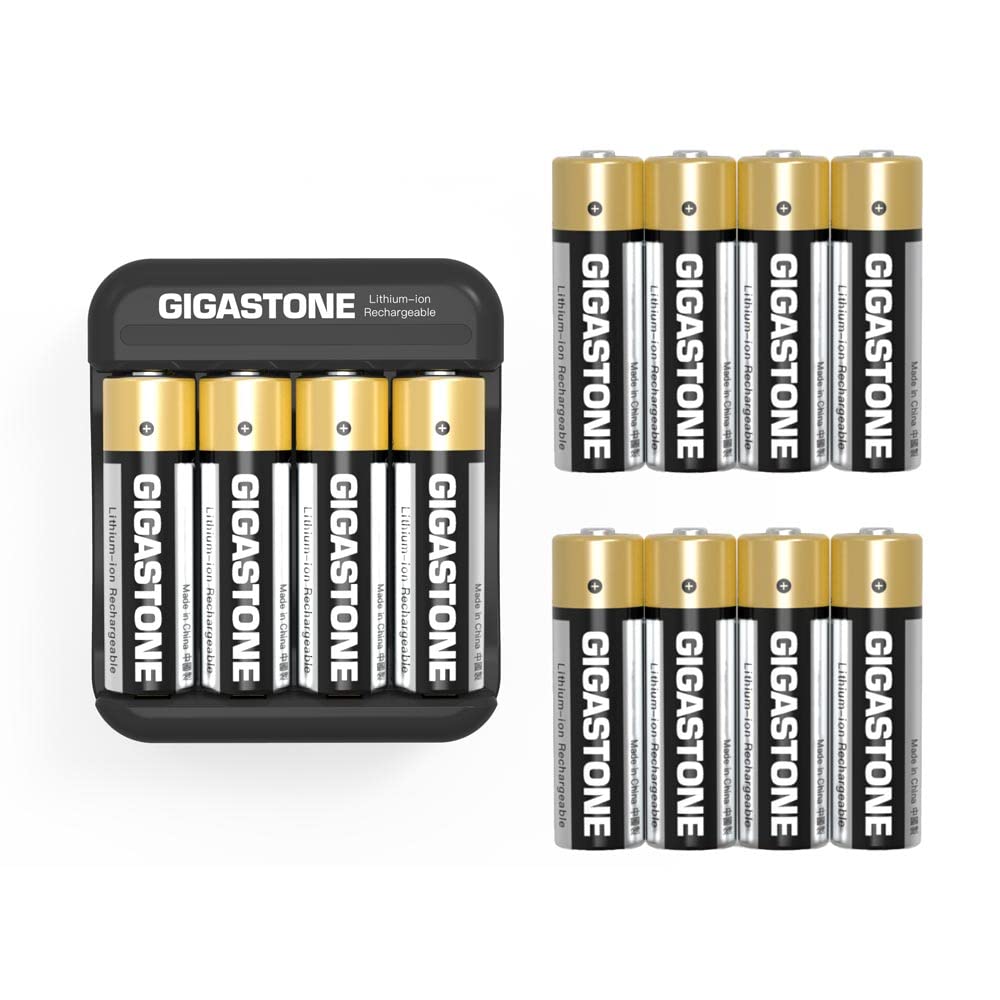 Gigastone Rechargeable Lithium AA Batteries, 1.5V Constant Voltage, 3000mWh High Endurance 1000x Cycles, Built-in Safety Protection, 12-Pack AA Batteries + 8-Bay Fast Charging AA AAA Battery Charger
