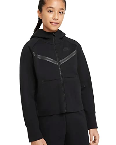 Nike Girl's NSW Tech Fleece Windrunner Full Zip Hoodie (Little Kids/Big Kids) Black/Black MD (10-12 Big Kid)
