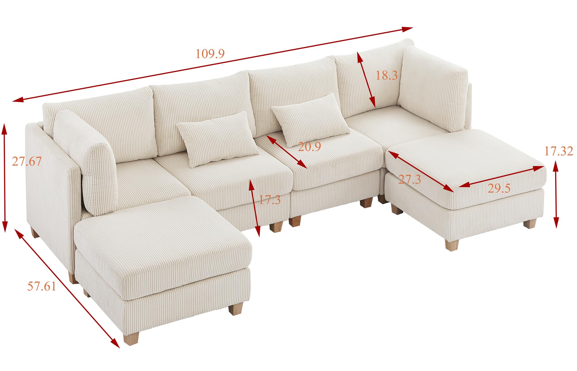 FREEHOMAE Sectional Sofa Couch,Modular Sectional Sofa,Sectional Couches for Living Room,Cloud Couch,L Shaped Couch with Removable Ottomans.(4Seat+2 Ottoman-White)