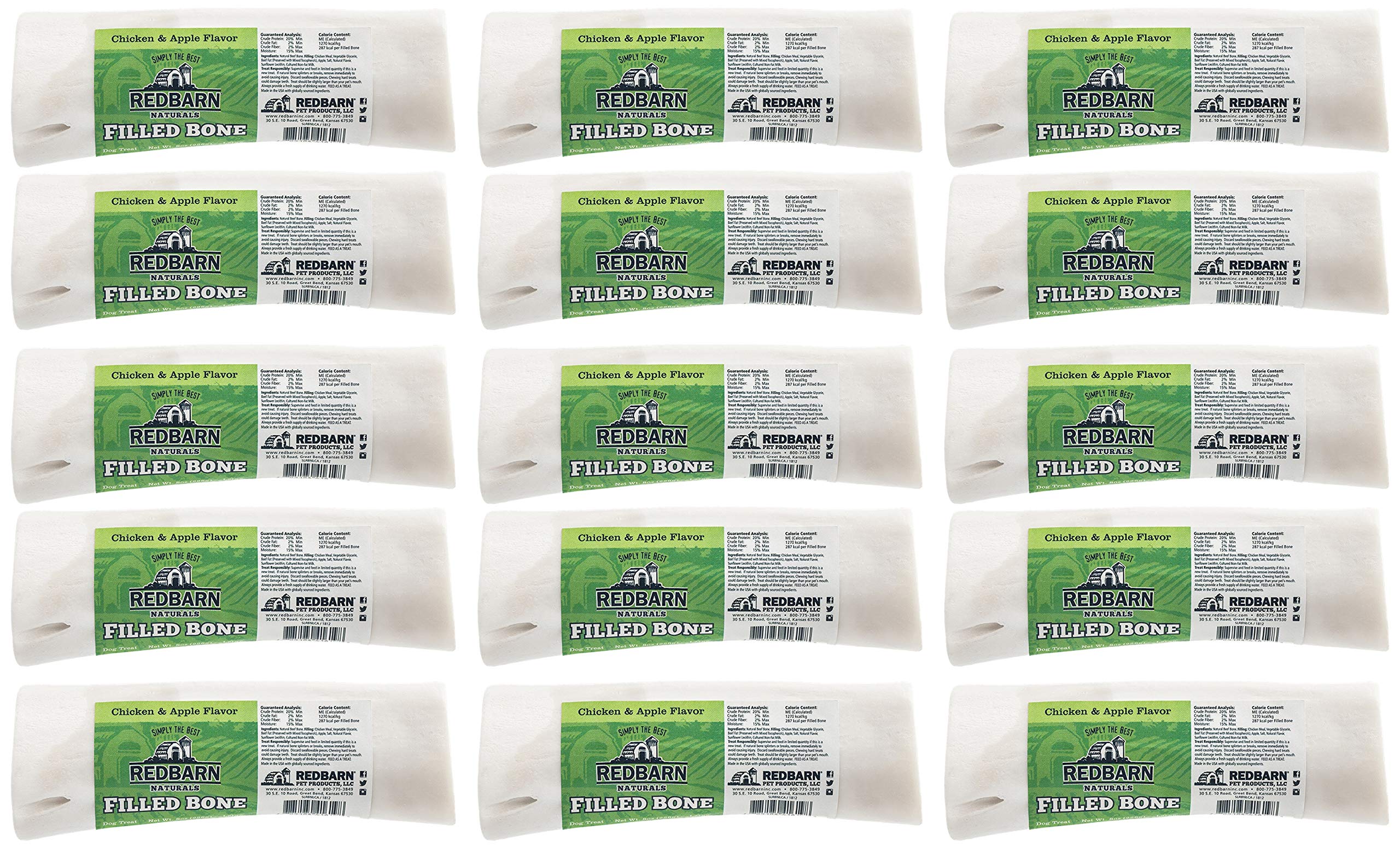 Redbarn Case of 15 Chicken & Apple Flavor Naturals Filled Bone Dog Chews, Large, Made in The USA15