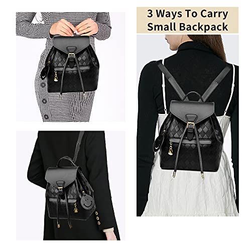 NZ SIXVONA Small Backpack for Women, Drawstring Mini Backpack Faux Leather Flap Checkered Backpack Purse for Women-Black