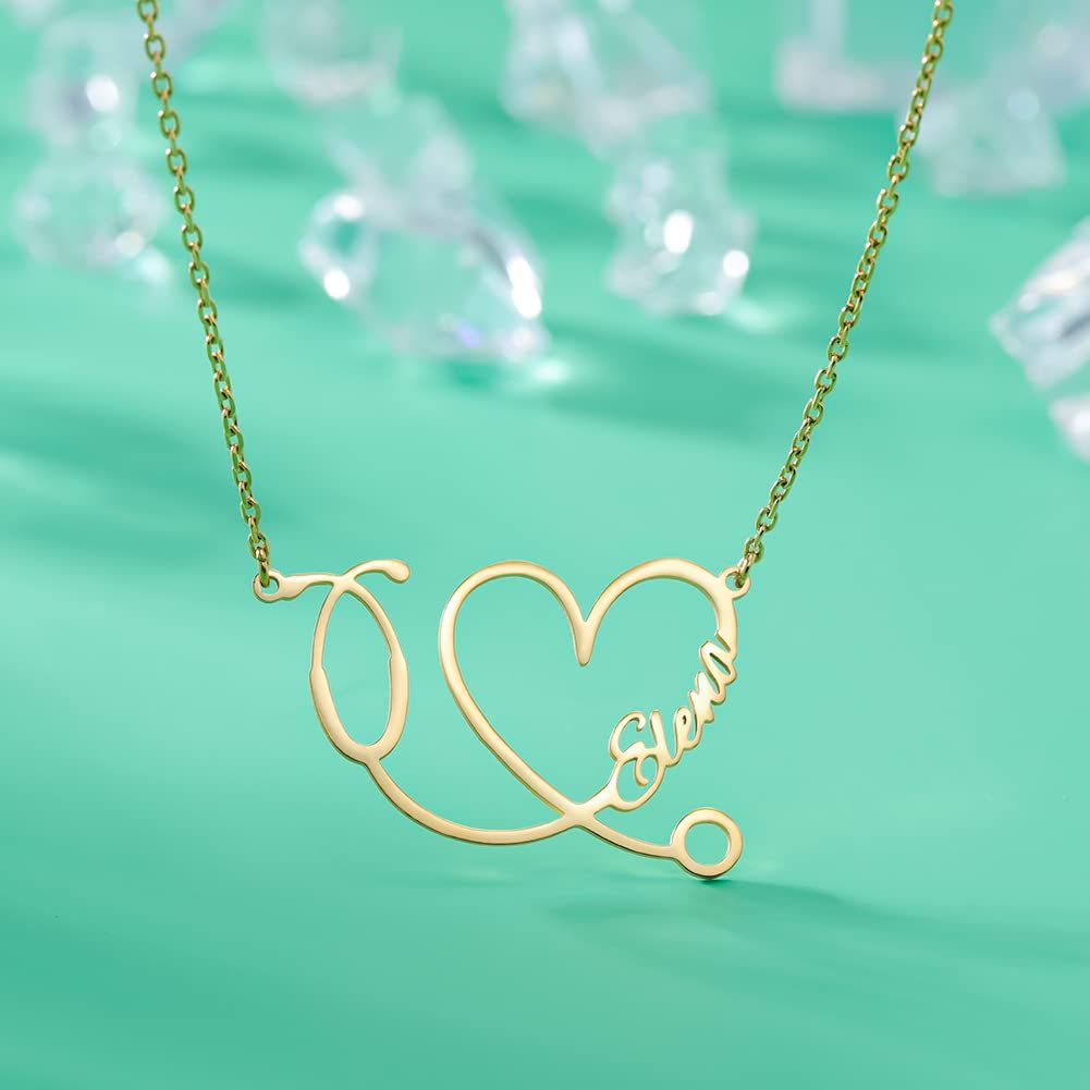 Dreamdecor Stethoscope Name Necklace Personalized, 18K Gold Plated Dainty Custom Doctor Nurse Necklace Graduation Gift Jewelry for Medical Student