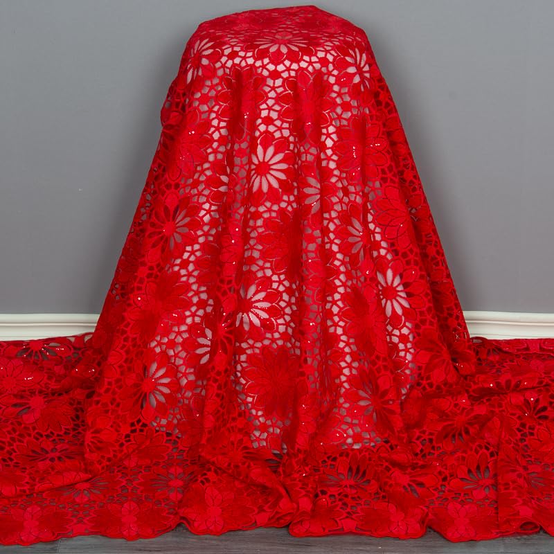KAJURUI African Lace Fabric 5 Yards, Nigerian Mesh Lace Fabric with Sequins for Daily/Party Sewing