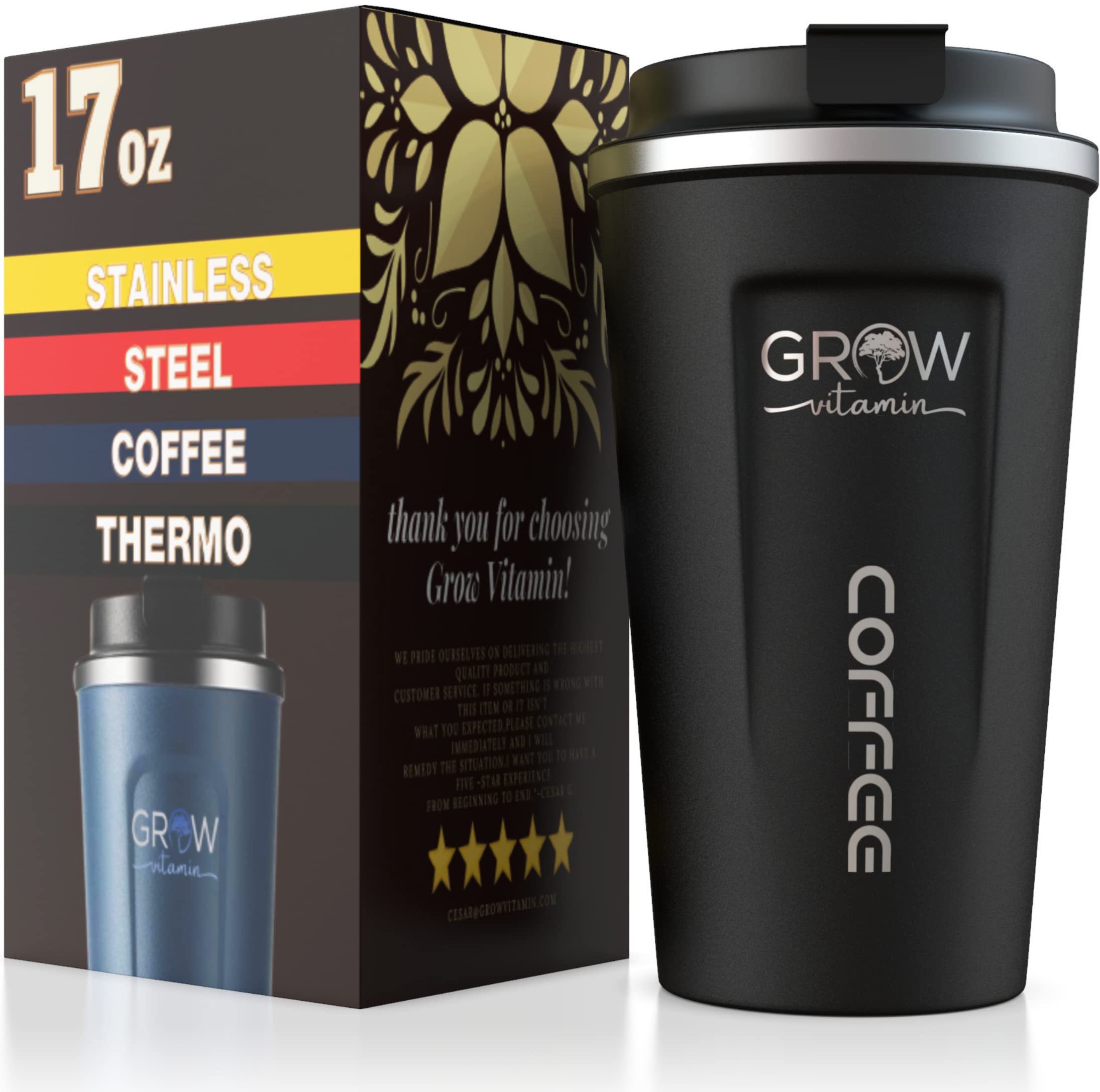 grow vitamin Travel Coffee Mug, Vacuum Insulated Tumbler Double Wall Stainless Steel Coffee Thermal Cup with Screw Lid - Spill Proof - 17 Oz
