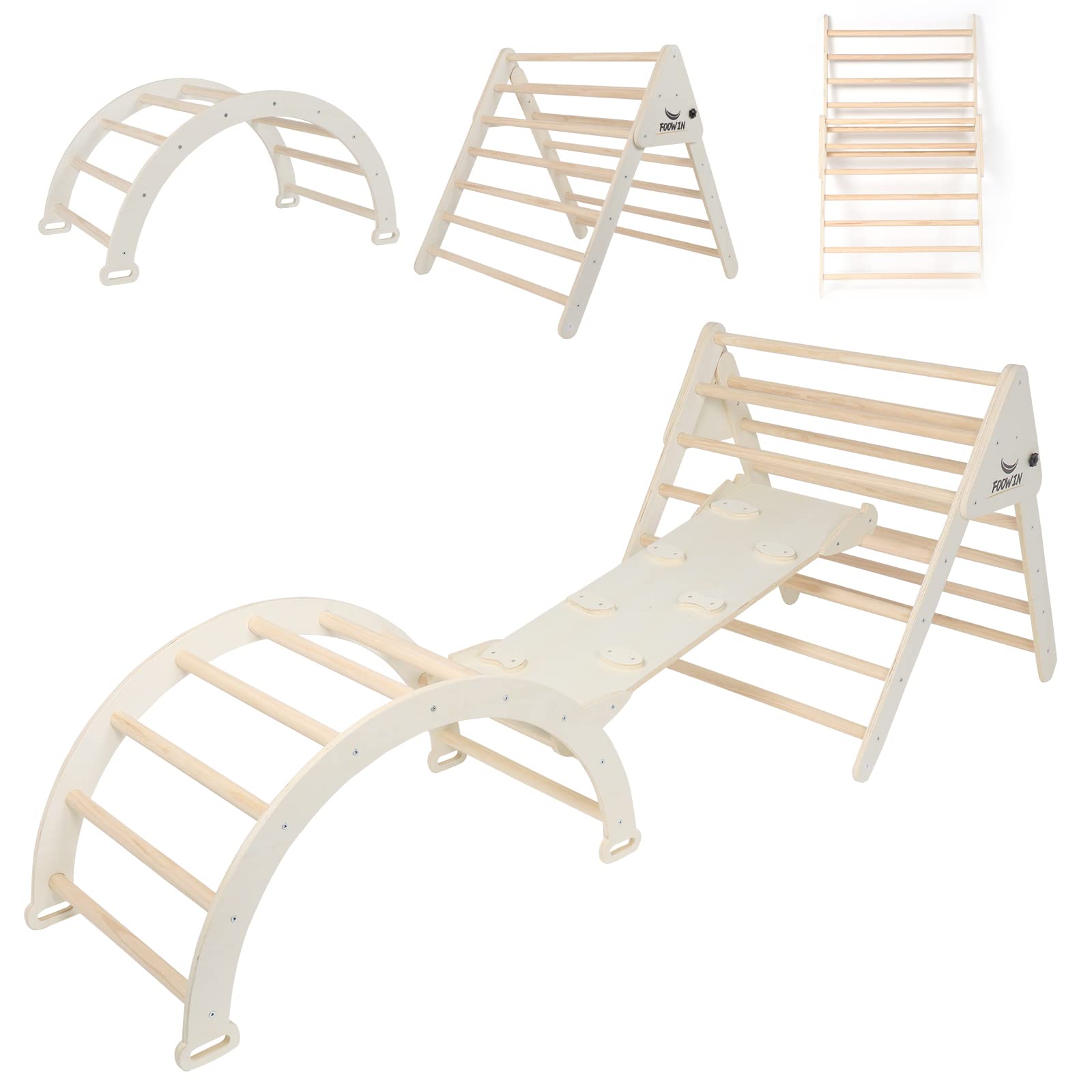 FOOWIN Pikler Triangle Set Climber 8 in 1,Toddler Climbing Toys with Ramp & Arch & Mat Montessori Climbing Set,Wooden Climbing Toys with Ramp for Kids