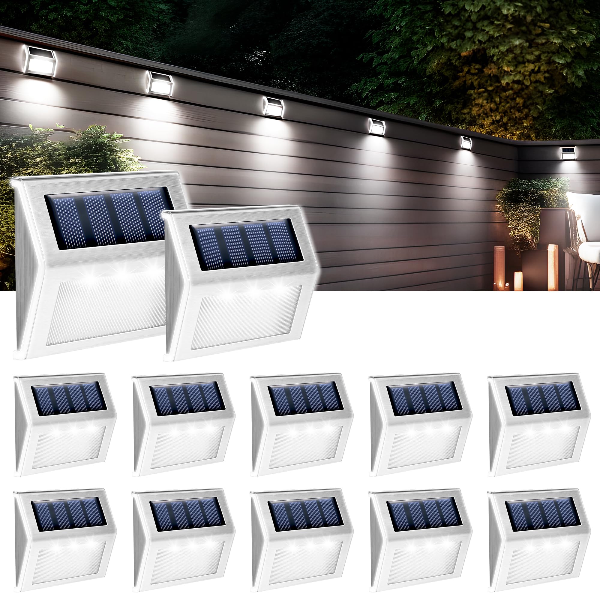 GIGALUMI 12 Pack Solar Deck Lights,3 LED Solar Stair Lights,Outdoor LED Step Lighting Stainless Steel Waterproof Led Solar Fence Lights for Step/Stairs/Pathway/Walkway/Garden-(Cold White)