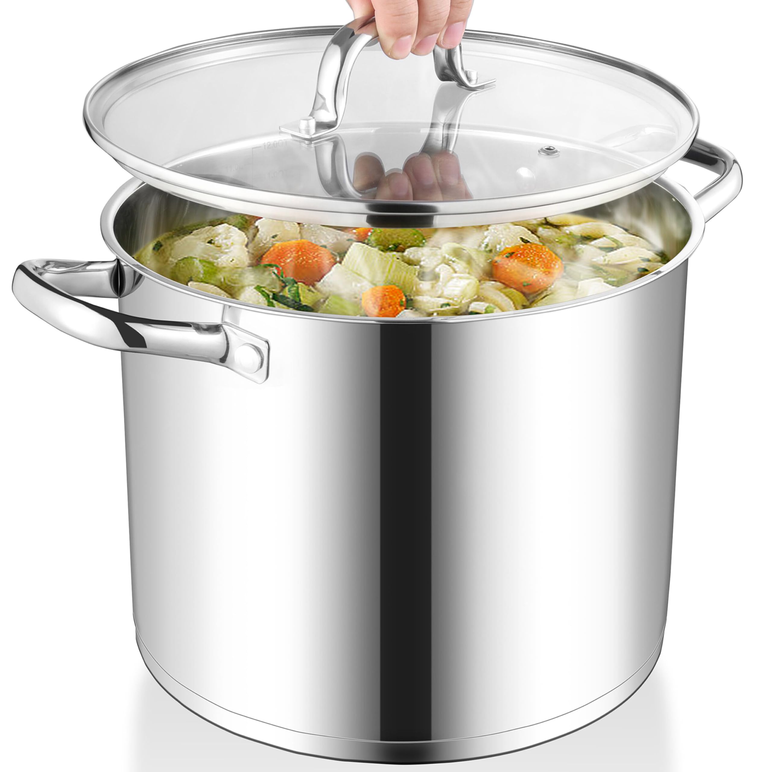 Herogo 12-Quart 18/10 Stainless Steel Stock Pot with Lid, Large Heavy Duty Soup Pot Compatible with Electric, Gas, Induction and Gas Cooktops, Dishwasher Safe
