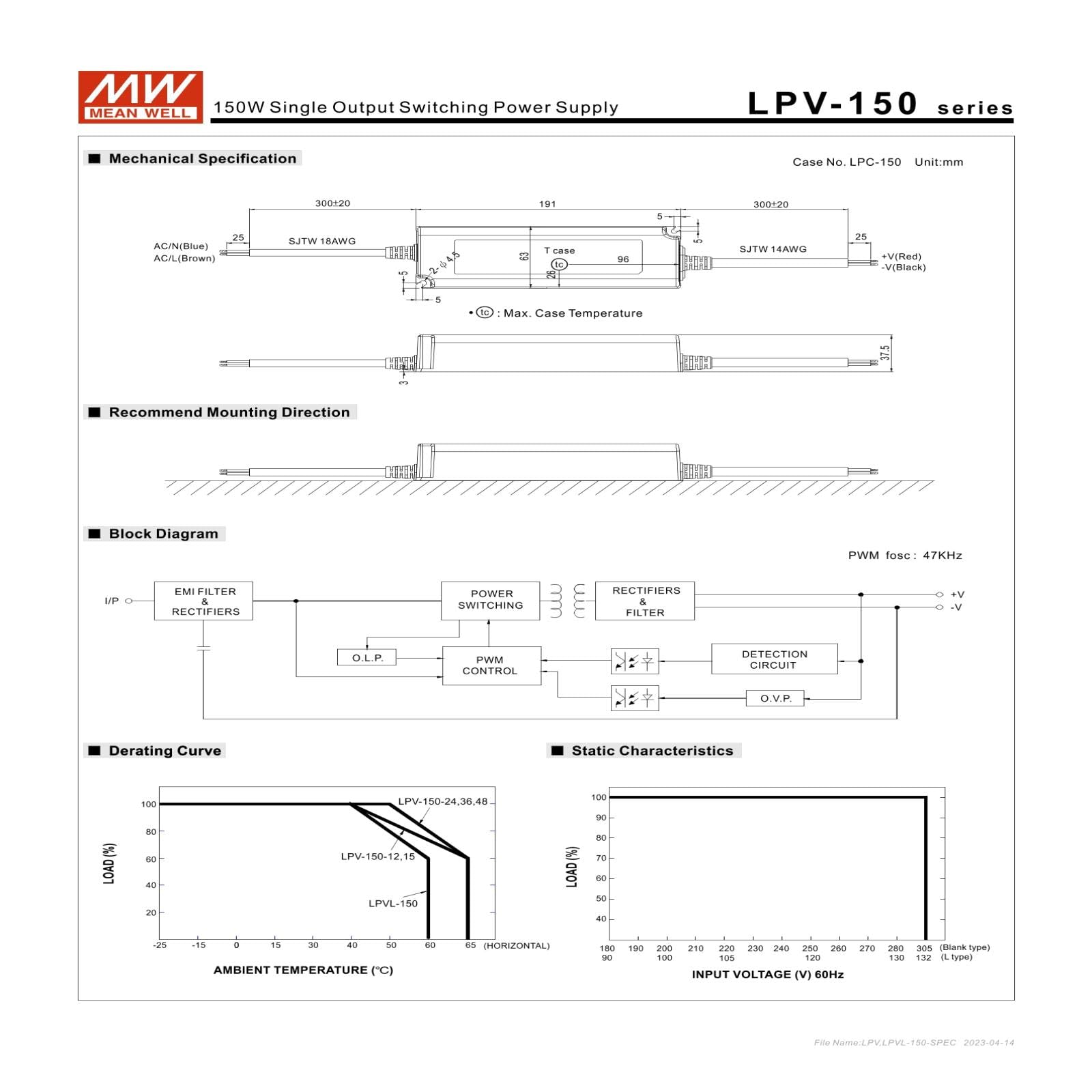 Mean Well LPV-150 LPV-150-12 LPV-150-24 LPV-150-48 LPVL-150-12 LPVL-150-24 MEANWELL LPV 150 150W