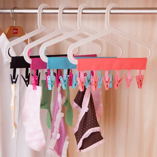 Pansyling 4PCS Foldable Travel Hanger Cloth Hanger Bathroom Towel Rack Clothespin Easy-to-Pack Laundry Clips Clothesline Portable Drying Hanger with 6 Clips for Socks Towels Underwear, Blue