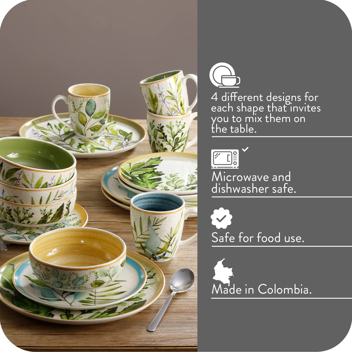 Corona Dinnerware Set 16β piece, Plates Bowls and Mugs Set, Ceramic Sets for 4, Microwave and Dishwasher Safe, Siena Italian Floral Design