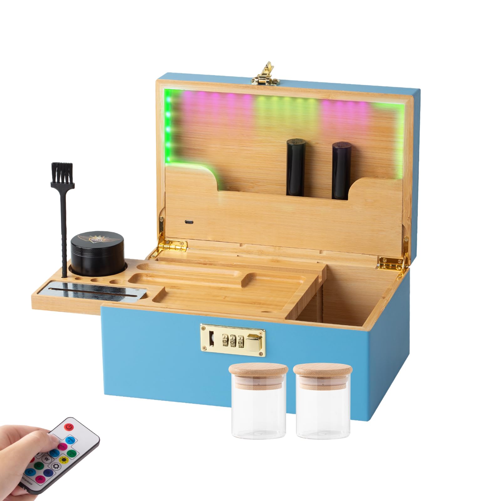 IEVEY Stash Box with Rolling Tray & Neon, Smell Proof Large Bamboo Storage Box with Lock, Decorative Box Set Includes Glass Jars & Grinder & Brush, Great Gift for Men Women(Blue)