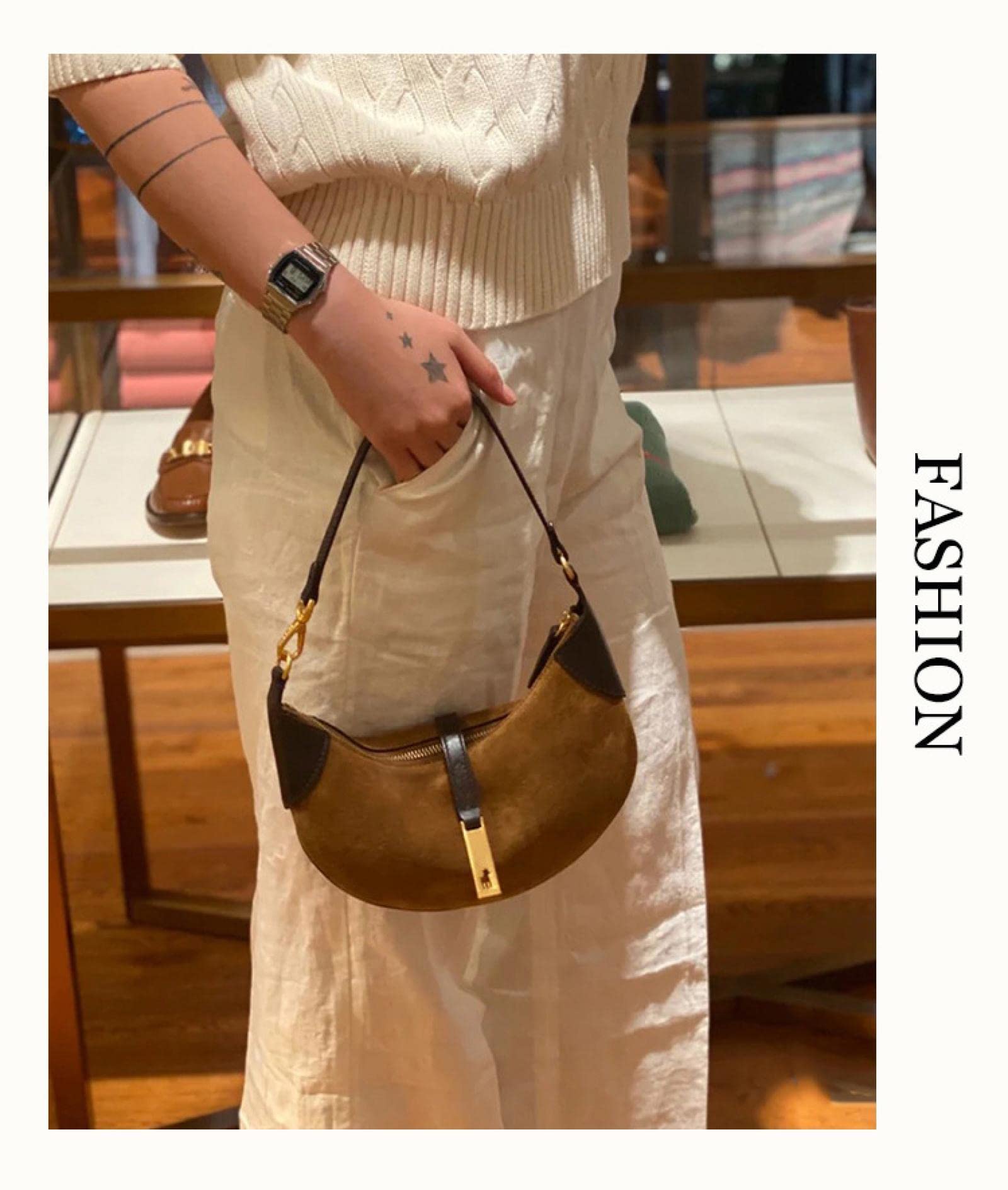 Genuine Leather Suede Handbag Polo Design Crescent Crossbody Underarm Saddle Shoulder Bag Light camel big