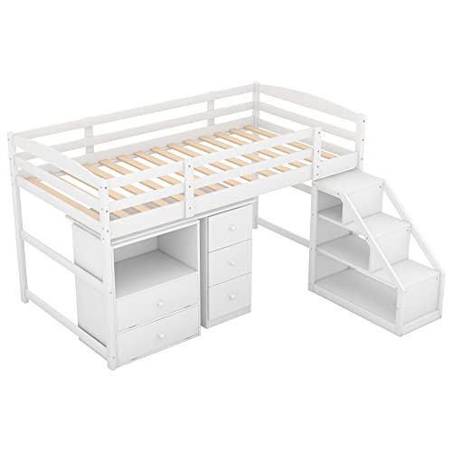 HYC Twin Loft Bed with Multifunctional Movable Built-in Desk, Wood Low Loft Bed with Stairs, for Kids Teens Girls Boys,White