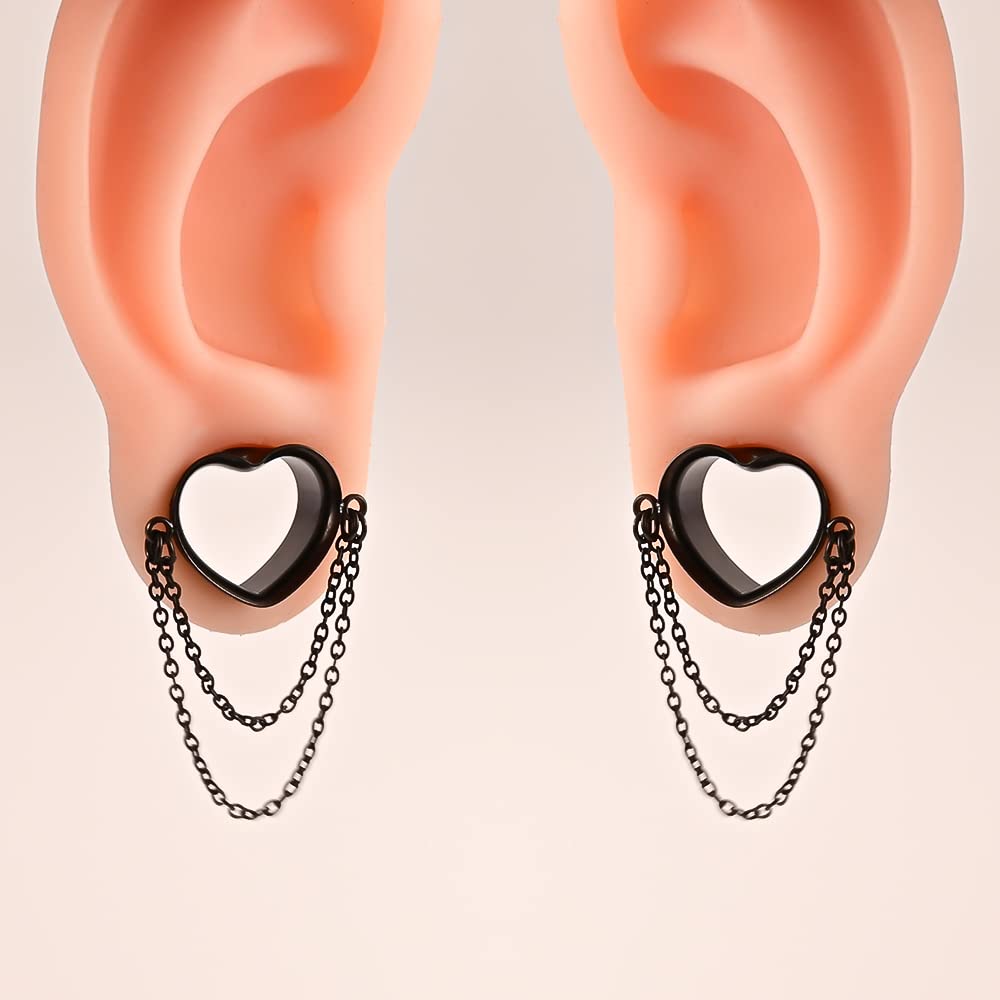 DOEARKO 2 Pcs Ear Gauges Simple Style Tunnels Dangle Plugs with Chain Elegant Stretchers Hypoallergenic Stainless Steel Body Jewelry (14mm(9/16"), Black Heart)