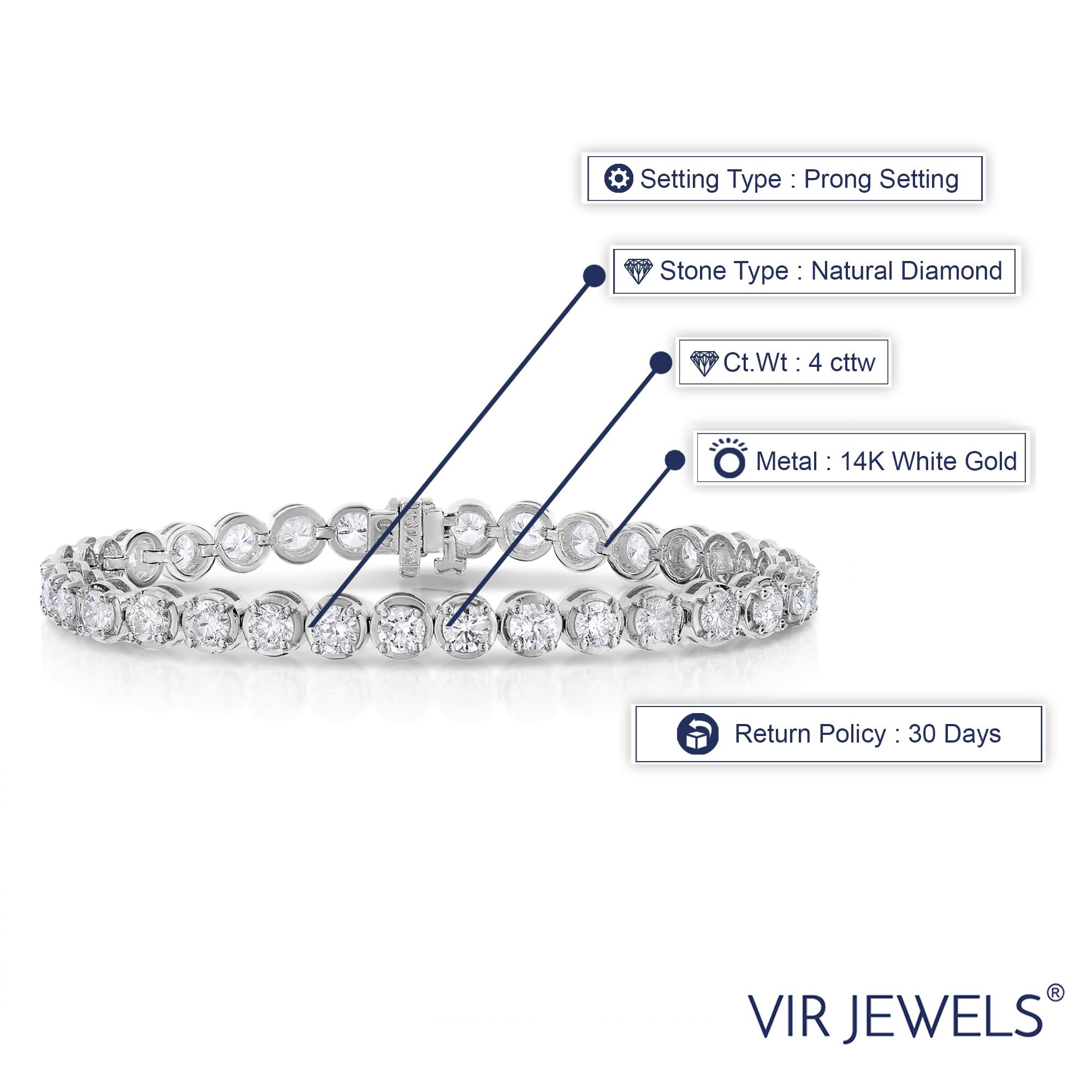 Vir Jewels 4 cttw IGI Certified SI2-I1 Clarity Diamond Bracelet 14K White Gold J-K 7 Inch