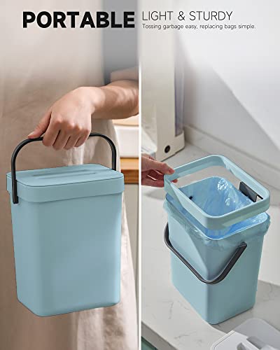 MONGTINGLU 1.3 Gallon Small Trash Can with Lid - Countertop Food Waste Bin, Kitchen Hanging Trash Can for Cabinet Door/Under Sink, Small Garbage Can for Desk, 5L(Subtle Blue)