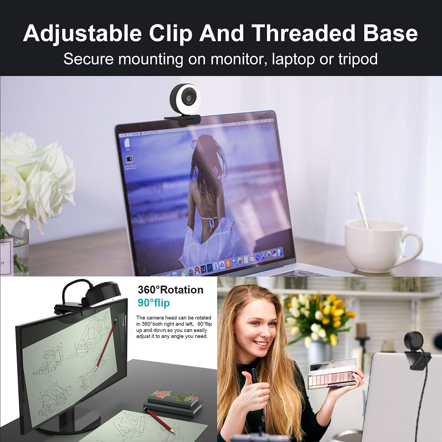 COSHIP 1080P 60FPS Webcam for PC, with Microphone, 2024 Computer Camera with Ring Light, Privacy Cover, Advanced Auto-Focus, Adjustable Brightness, Streaming Web Camera for Zoom Skype