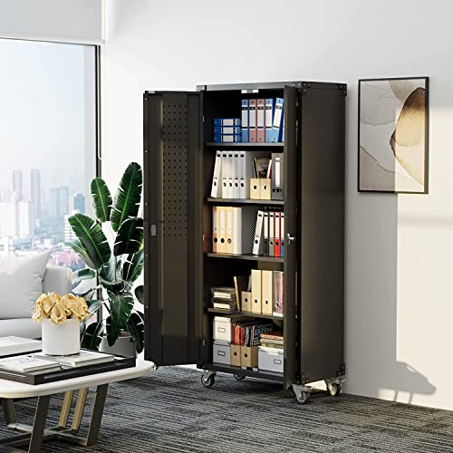 GangMei Rolling Metal Storage Cabinet with Pegboard, 72''H Tall Garage Cabinet with Wheels & 4 Adjustable Shelves, Garage, Home, Assemble Required, Black