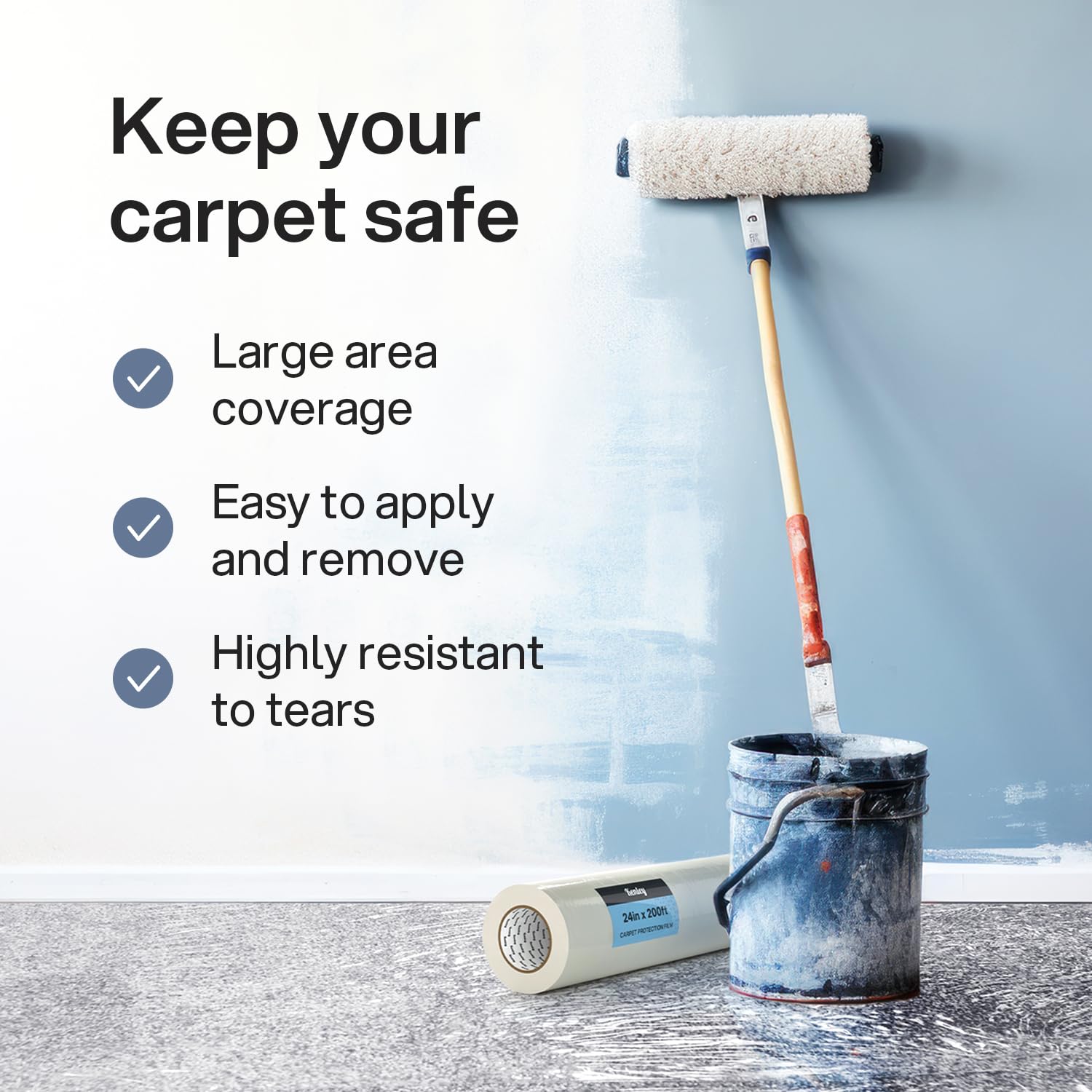 Kenley Carpet Protection Film - Self Adhesive Plastic Carpet Protector Film - Heavy Duty Shield Covering for Stairs Floor Runner Surface - Puncture & Water Resistant Sticky Protection Roll (24"x200')