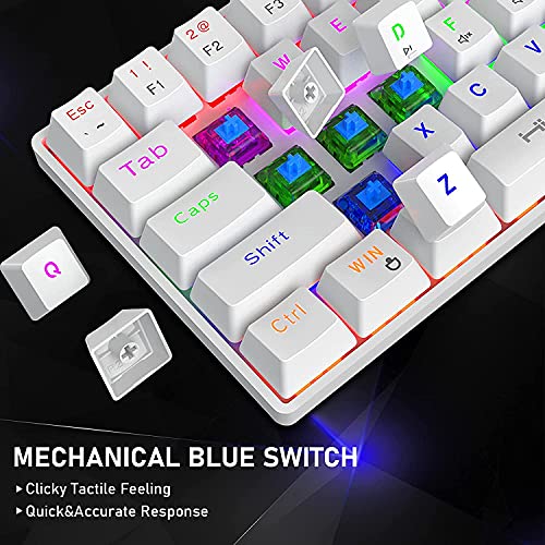 Compact Mechanical Gaming Keyboard Mini Portable with Ergonomic 61 Key Layout Multi Rainbow LED Backlight Anti-ghosting Waterproof Type-C USB Wired for PC MAC Gamer Computer Typist(White/Blue Switch)