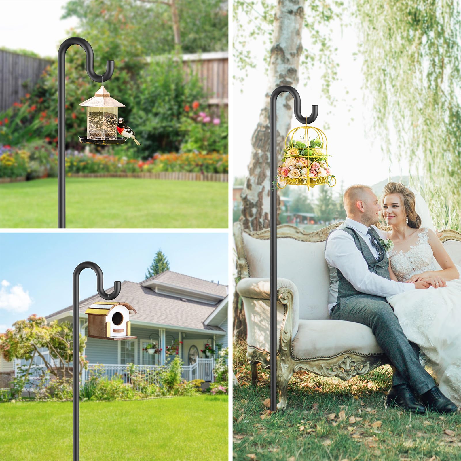Forlogic Bird Feeder Pole 76 Inches Shepherd Hooks for Outdoor, Heavy Duty Bird Feeder Pole for Garden Decor, Black Shepherd Stand for Plant Baskets Wind Chime with 5 Base Prongs