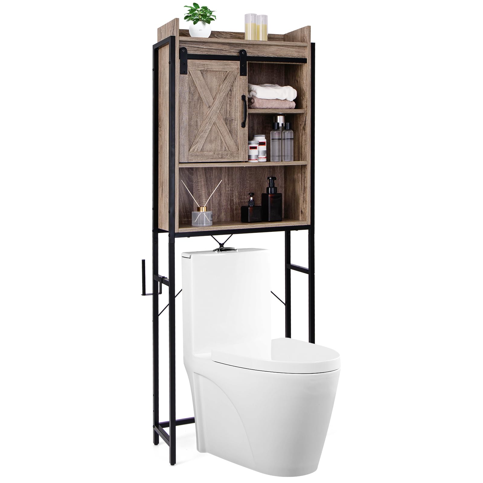 Giantex Over The Toilet Storage Cabinet - Freestanding Bathroom Organizer Rack with Adjustable Shelf, Sliding Barn Door, Paper Holder, Bathroom Space Saver, Above Toilet Storage Cabinet (Grey)