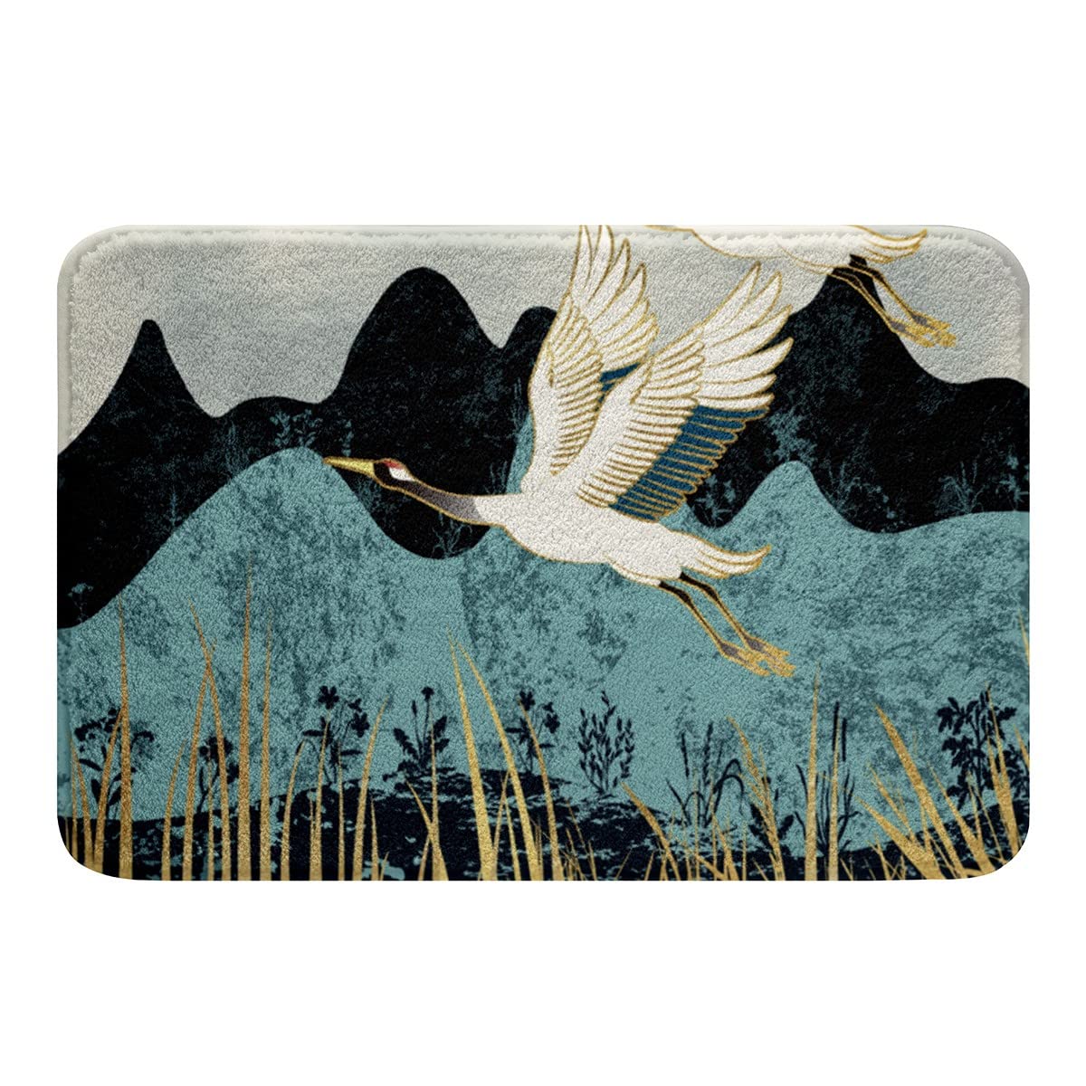 Erosebridal White Crane Door Mat Golden Sun Bathroom Rugs for Kids Child,Jungle Mountain Rug Japanese Style Ukiyoe Theme Kitchen Rugs Birds Animal Japan Ethnic Kawaii Room Decor 20"x32"