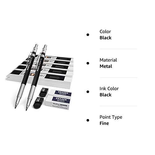 Nicpro 2mm Metal Mechanical Pencil Set, 2PCS Lead Holder 2.0 mm Marker Artist Carpenter Pencils with 120 Graphite Lead Refill (HB 2H 4H 2B 4B & Color), 2 Eraser for Drafting, Drawing Writing Sketching