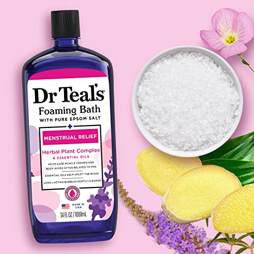 Dr Teal's Foaming Bath with Pure Epsom Salt Menstrual Relief with Herbal Plant Complex & Essential Oils 34 fl oz (Pack of 4) (Packaging May Vary)