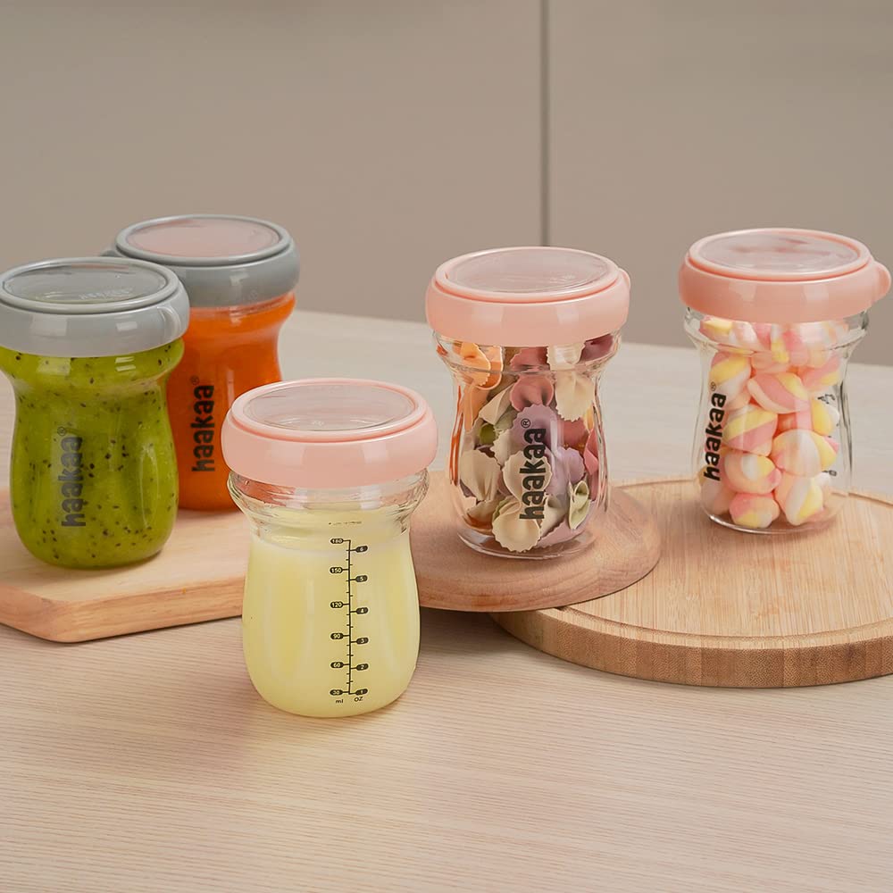 haakaa Gen.3 Glass Milk Storage Container, Baby Food Storage Container with Lid, Wide Neck Food Storage Container, Grey, 6oz/180ml