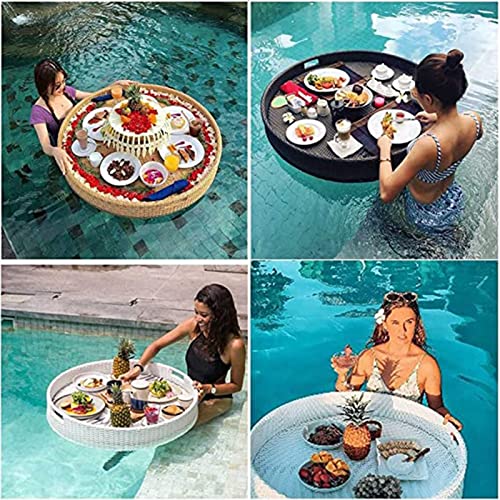 ENPAP Rattan Woven Serving Tray Floating Breakfast Table Serving Buffet Round Tray Drink Holders for Swimming Pool Beach Party Refreshment Durable Foam UV Resistant (Color : Brown, Size : 80cm)