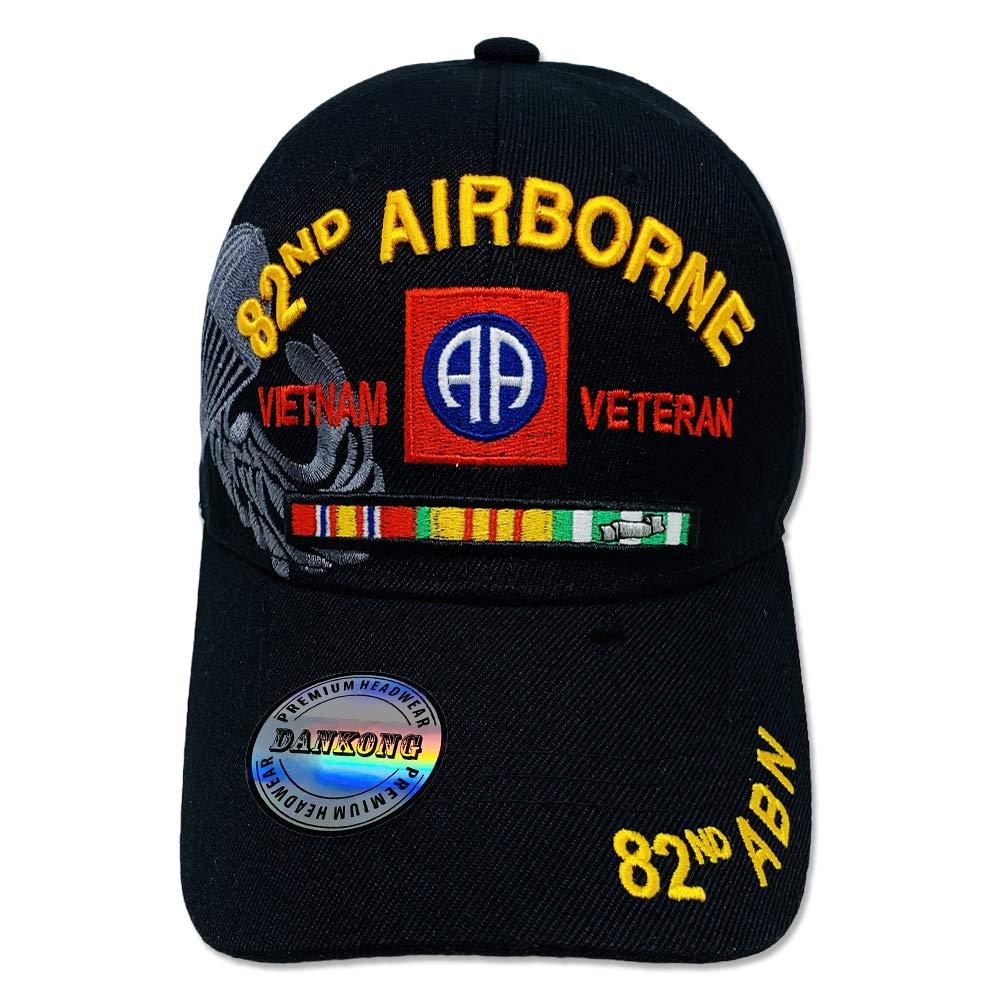 DANKONG Acrylic Military Hat - US Warriors Official Licensed Army Hat 3D Embroidered with Size Adjustable Hoop and Loop Closure for Men and Women - 82nd Airborne Division - Black