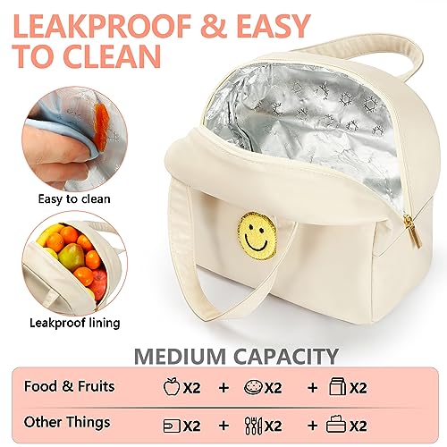 POETIC WREATH Lunch Bag for Women Large Insulated Box Reusable Tote with Preppy Bag,Soft Leather Lunchbag Work School Picnic Travel (White)