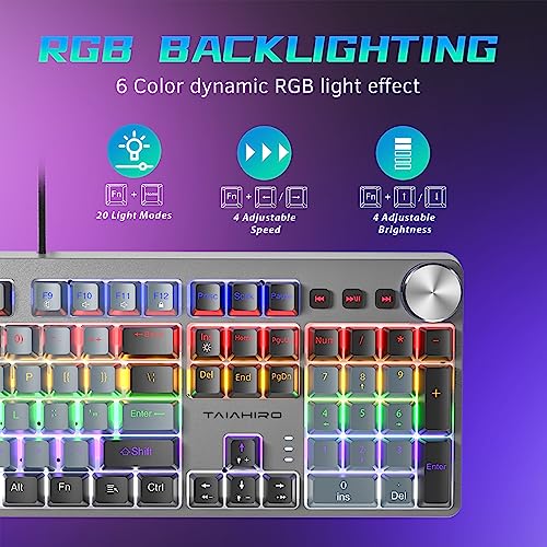 Mechanical Gaming Keyboard, RGB Backlit 104 Keys Full Size Keyboard with Multimedia Knob, Double Shot Keycaps, Full Anti-Ghosting, Blue Switch Wired Computer Keyboard for Windows PC Mac Xbox Gamer