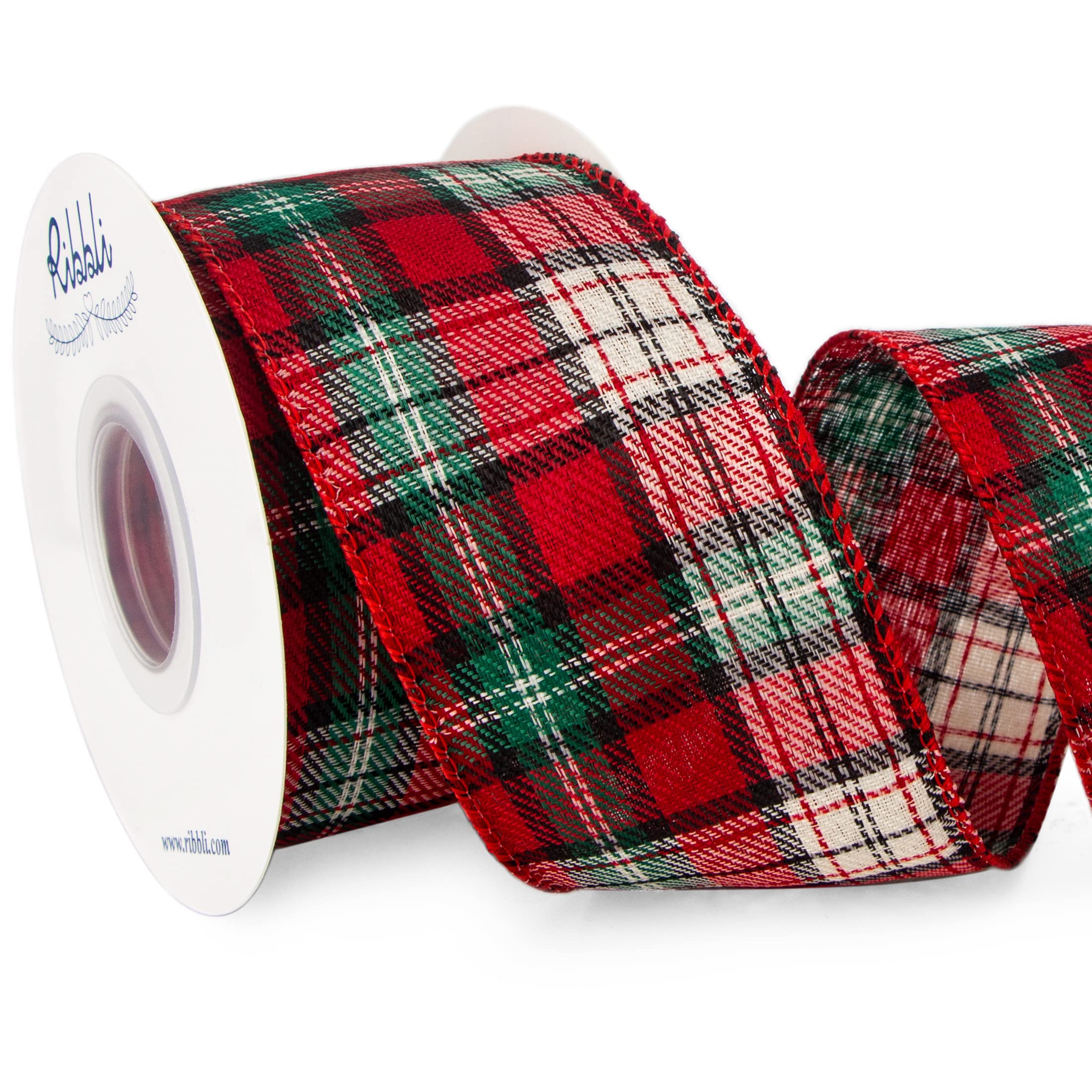Ribbli Christmas Plaid Wired Ribbon, Christmas Burlap Ribbon, 2-1/2 Inch x Continuous 10 Yard, Christmas Ribbon for Gift Wrapping, Big Bow, Wreath, Red/Green/Ivory