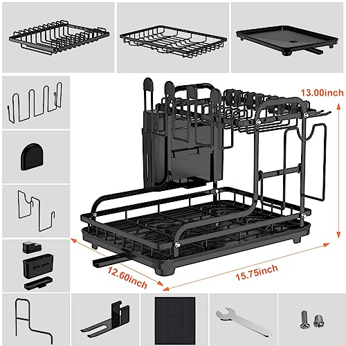 Stofiro Dish Drying Rack with Drainboard, 2 Tier Dish Racks for Kitchen Counter, Multifunctional Dish Drainer, Large Dish Drying Rack with Drying Mat, Kitchen Drying Rack with Wine Glass Holder, Black