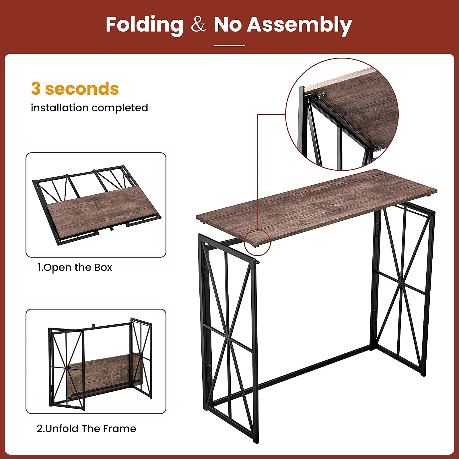 Console Sofa Table for Entryway No Assembly Couch Hallway Wall Table Folding Living Room TV Stand Narrow Entrance Foyer Table Industrial Kitchen Buffet Bar Height Table with Metal X-Frame,Rustic Brown
