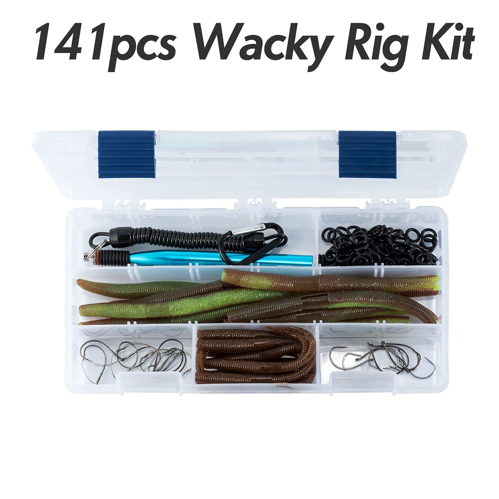 Dr.Fish 141-Pieces Wacky Worms for Bass Fishing Wacky Rig Kit Weedless Hook Plastic Worm Stick Bait Wacky Tool and O Rings