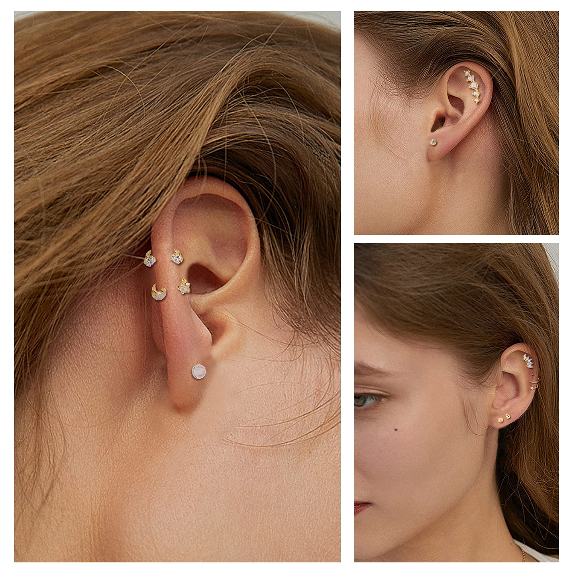 Drperfect 16G Cartilage Earring Stud Hoop for Women Men Stainless Steel Forward Helix Piercing Jewelry Lip Ring Rook Daith Conch Tragus Earring Set