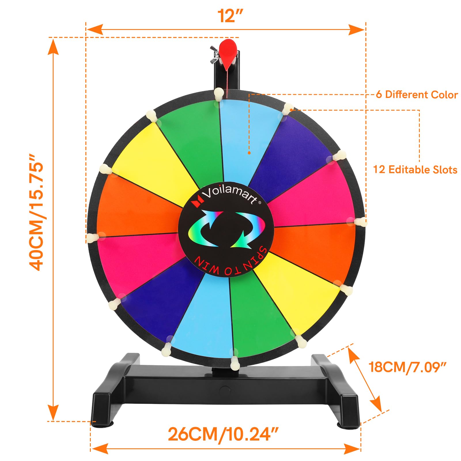 Voilamart 12" Tabletop Spinning Prize Wheel 12 Slots with Durable Plastic Base, Dry Erase, 2 Pointer, for Fortune Spin Game in Party Pub Trade Show Carnival
