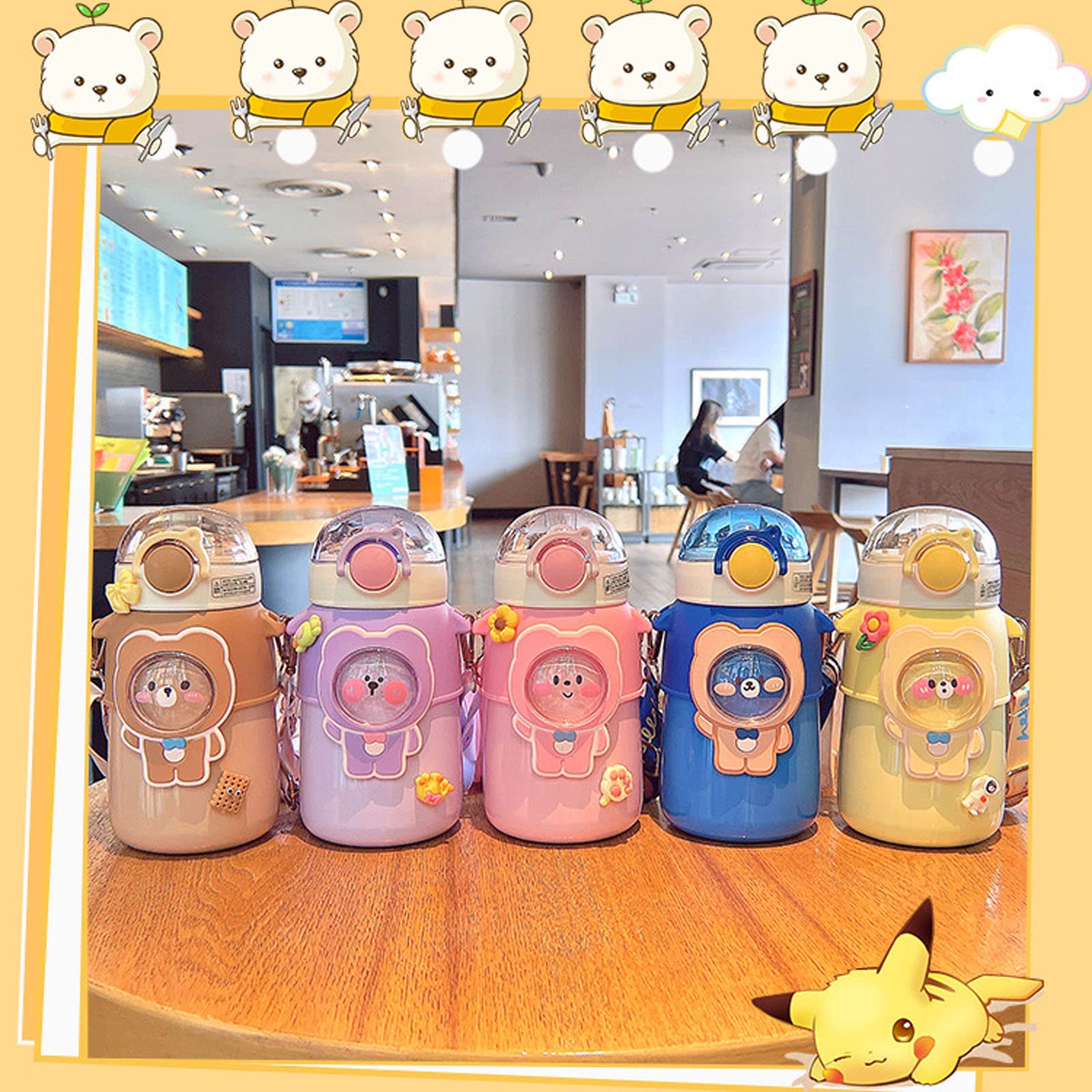 FEUSEUZ Kawaii Water Bottle Cute Little Bear Water Bottle with Shoulder Strap Stainless Steel Thermal and Cold Water Bottle (Coffee,600ml)