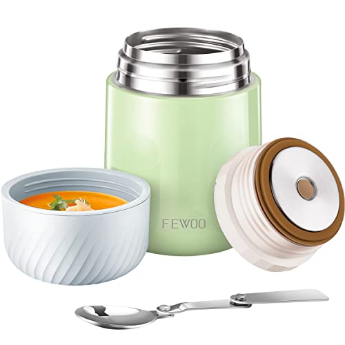 FEWOO Food Thermos - 20oz Vacuum Insulated Soup Container, Stainless Steel Lunch box for Kids Adult, Leak Proof Food Jar with Folding Spoon for Hot or Cold Food (Green)