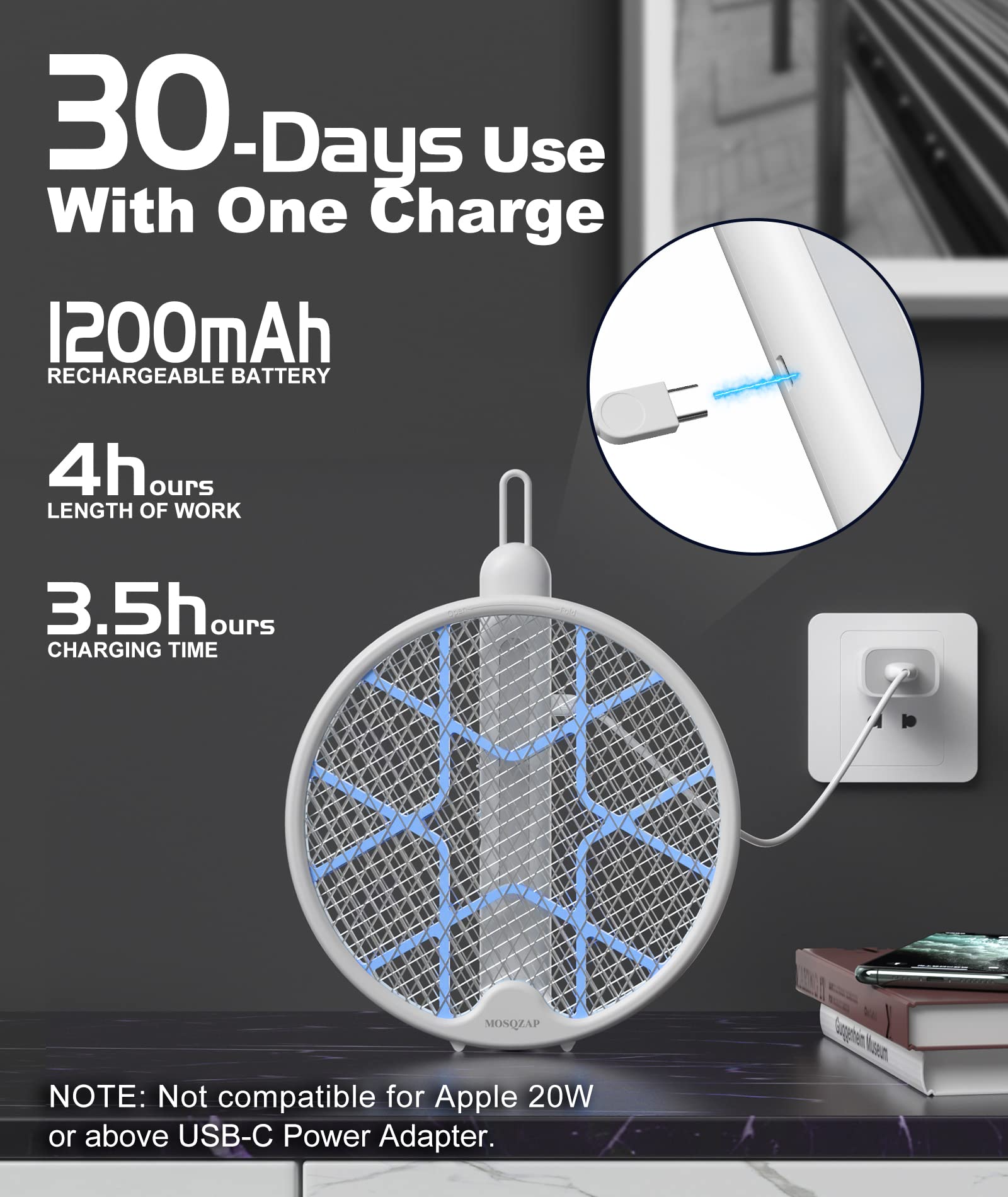 MOSQZAP Electric Fly Swatter 2 Pack, Foldable Bug Zapper Racket USB Rechargeable Fly Zapper Mosquito Zapper Racket w/Hands-Free & Handhold Modes, Outdoor/Indoor Killer for Flies, 3,500 Volt
